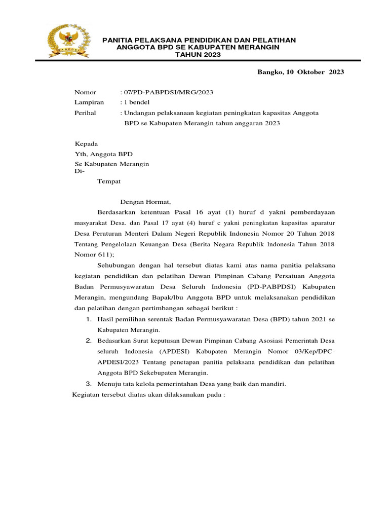 Undangan Pelaksana Pendidikan Dan Pelatihan Anggota BPD | PDF