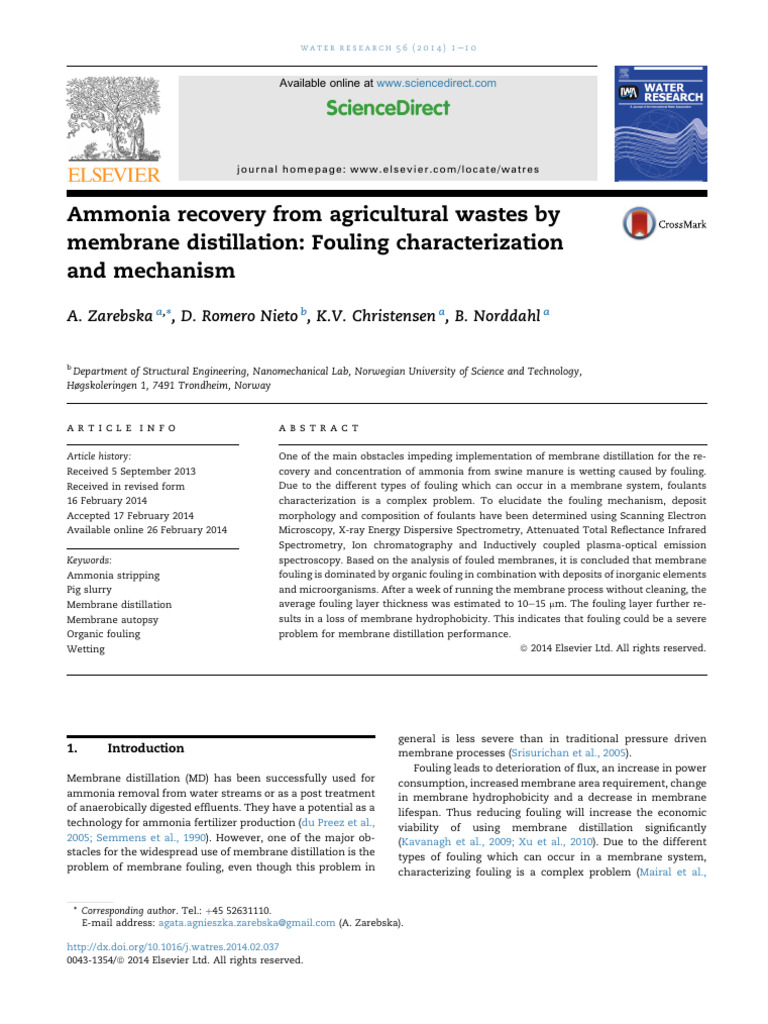 Ammonia Recovery via Membrane Distillation | PDF