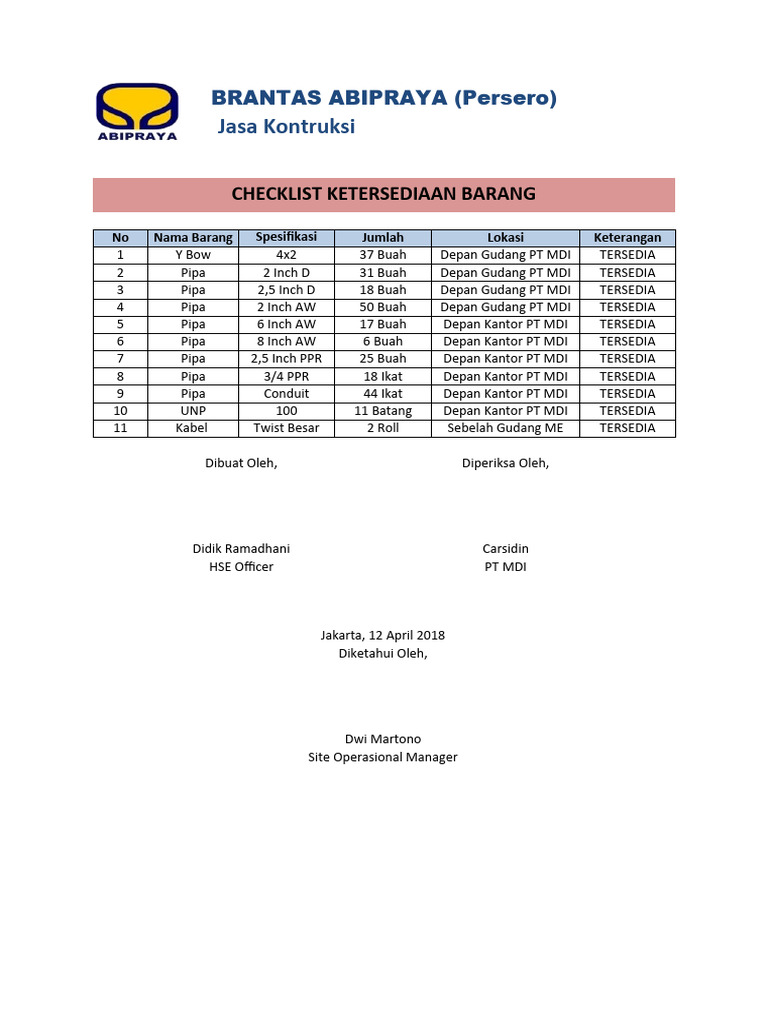 Checklist Barang MDI | PDF