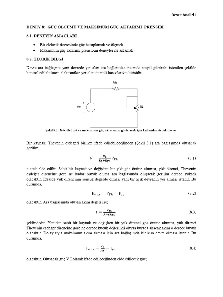 Devre Analizi I Lab.-DENEY 8 Föyü | PDF