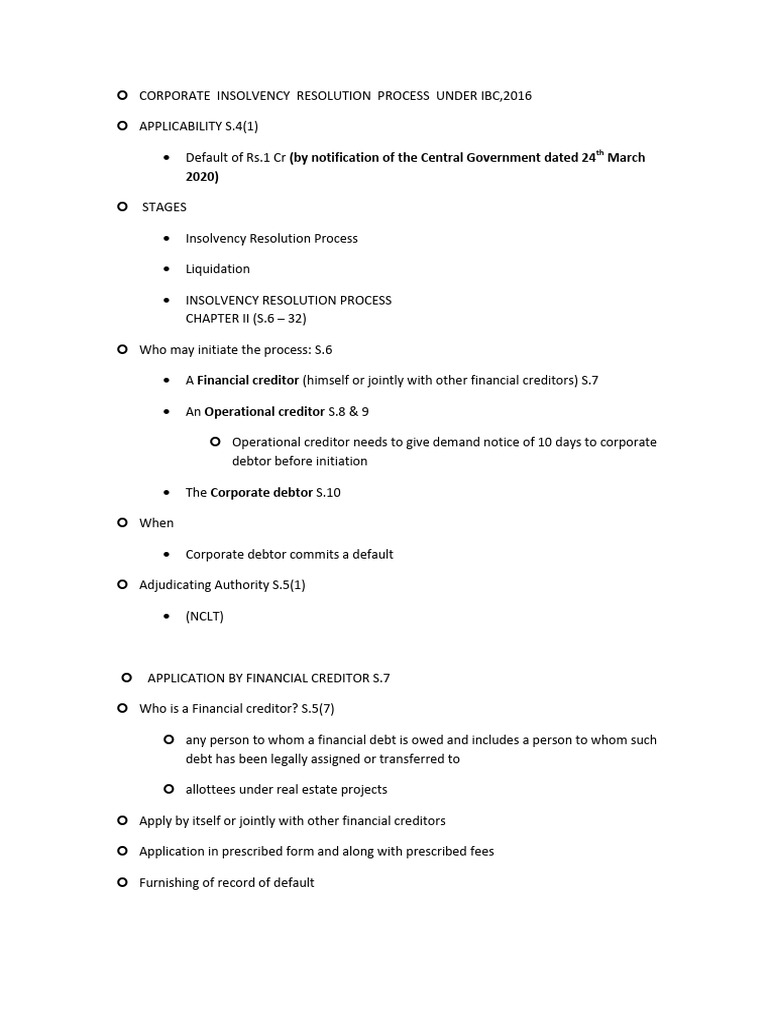 CIRP Process Under IBC 2016 Explained | PDF