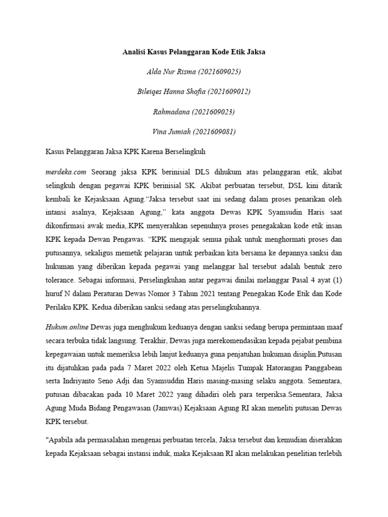 Analisi Kasus Pelanggaran Kode Etik Jaksa Kel.1 | PDF