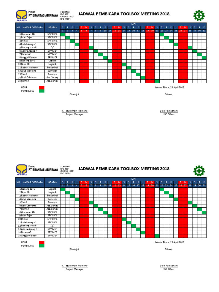 Jadwal Toolbox Meeting | PDF