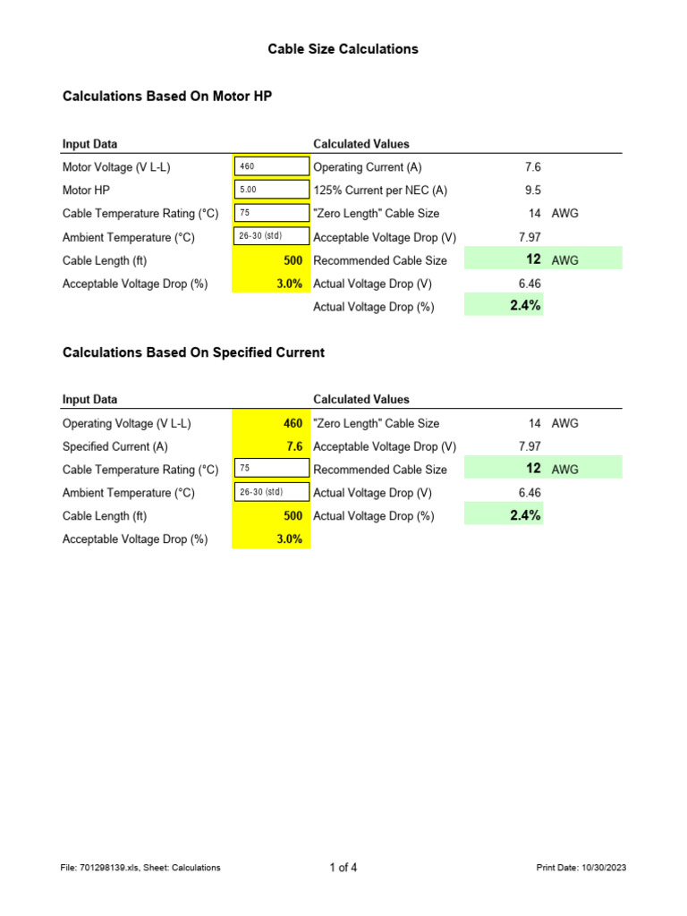 Cable Size Calculations | PDF