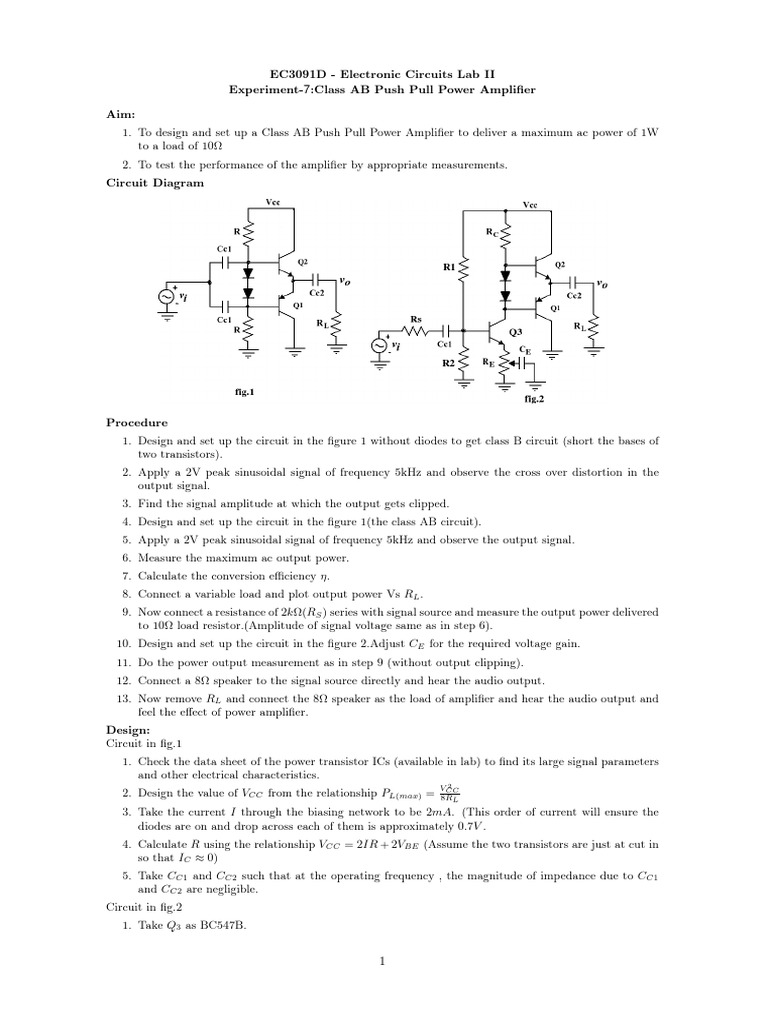 Class AB Push Pull Amplifier Lab Guide | PDF