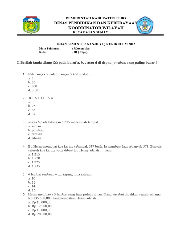 Soal MTK Kelas 3 | PDF | Metode & Bahan Ajar | Griya & Taman