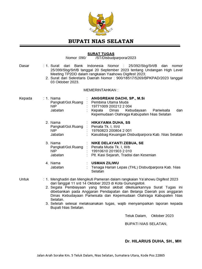 Surat Tugas (Kop Bupati) | PDF