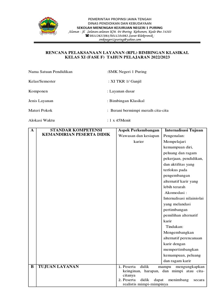 Rencana Pelaksanaan Layanan (RPL) Bimbingan Klasikal Kelas Xi (Fase F ...
