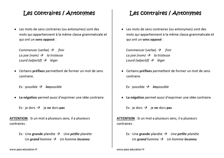 Antonymes et mots contraires expliqués | PDF