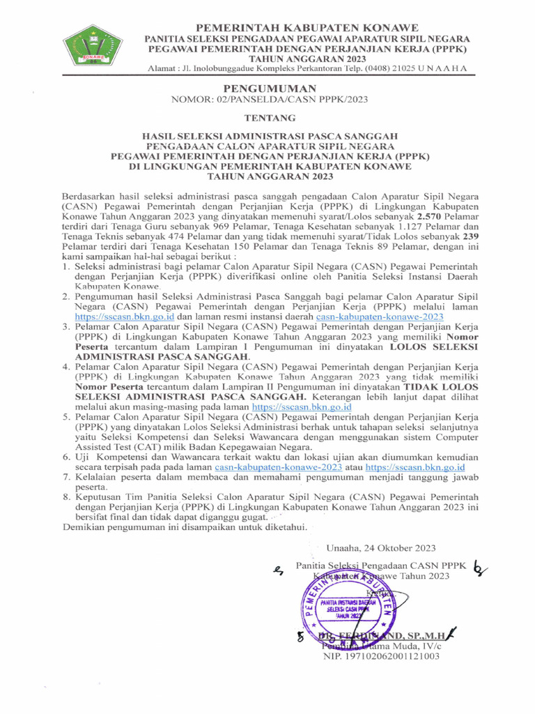 Pengumuman Hasil Seleksi Administrasi Pasca Sanggah Pengadaan Casn PPPP Kab. Konawe Tahun 2023 | PDF
