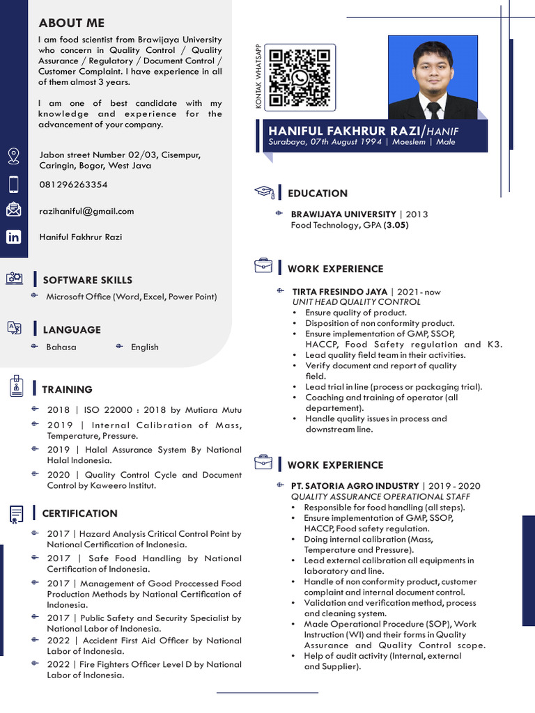 Haniful Fakhrur Razi - CV | PDF | Hazard Analysis And Critical Control Points | Quality Assurance