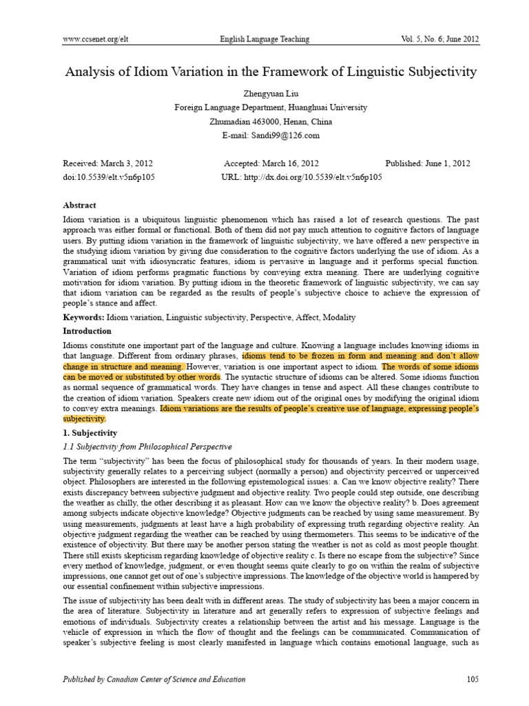Analysis of Idiom Variation in The Framework of Linguistic Subjectivity | PDF | Idiom | Linguistics
