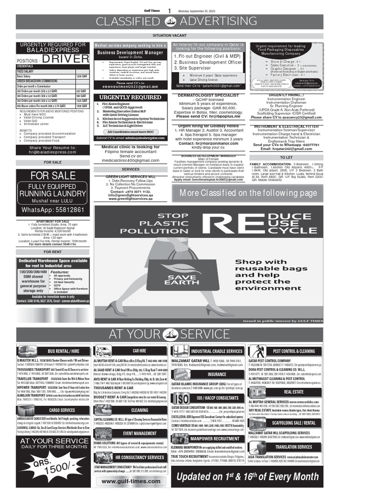 GULF TIMES - Classified-20230925-1 | PDF | Car Rental | Qatar
