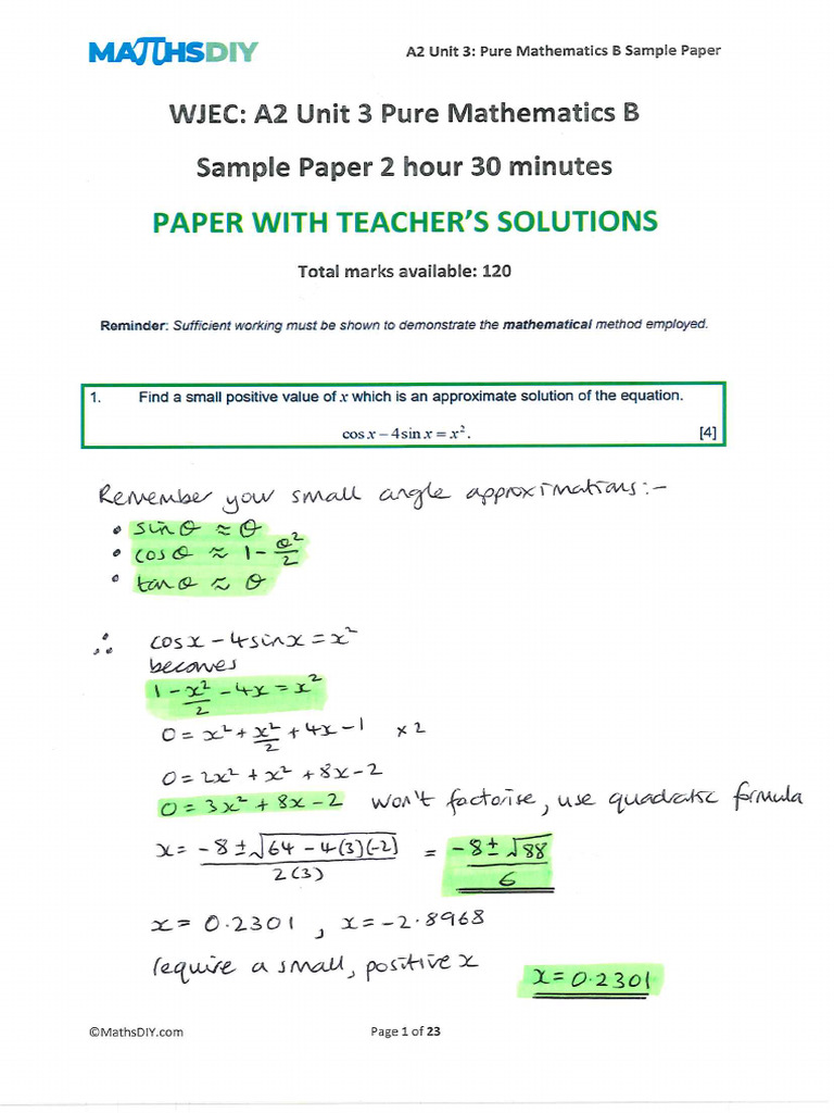 A2 Pure Maths B Sample Paper SOLUTIONS | PDF