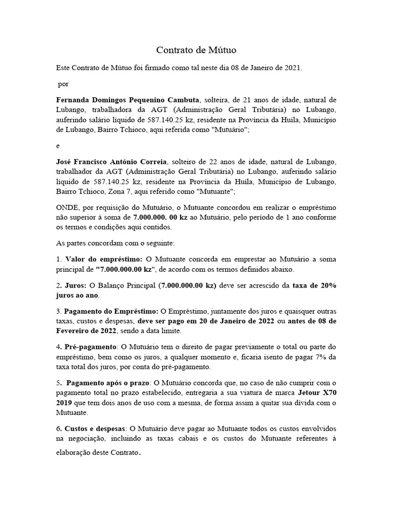 Contrato de Mútuo (J, F) | PDF | Empréstimos | Juros