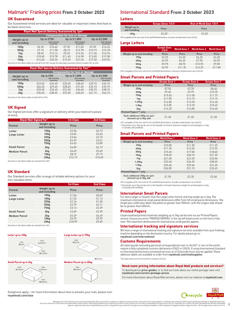 Mailmark Franking Prices Wallchart October 2023 | PDF