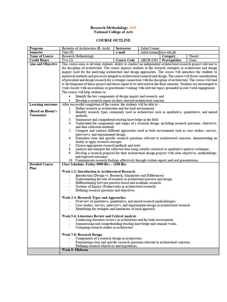 Course Outline Research Methodology 4203 Sep2023 By Zahid Usman Pdf