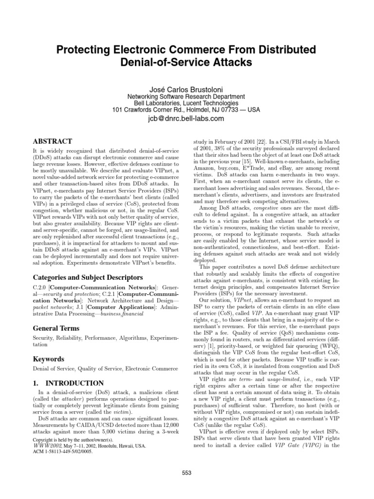 2002 Protecting Electronic Commerce From Distributed Denial Of Service Attacks Pdf Denial