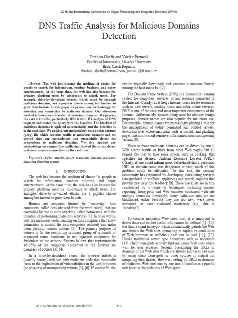 2015 Dns Traffic Analysis For Malicious Domains Detection Pdf