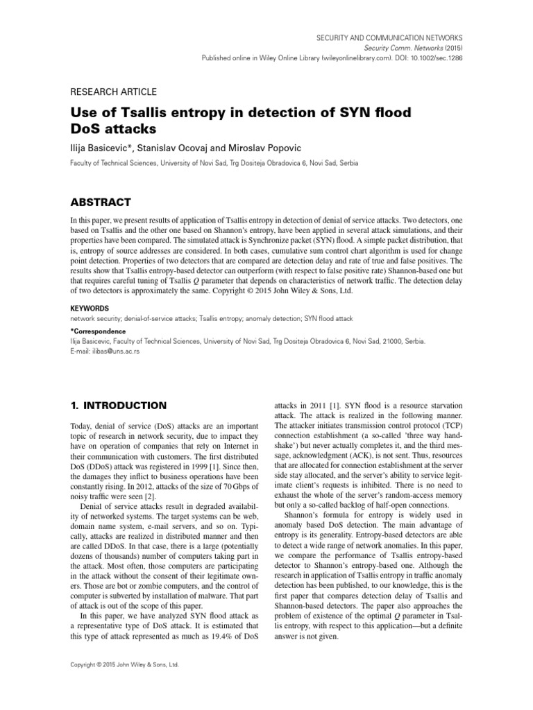 2015 - Use of Tsallis Entropy in Detection of SYN Flood DoS Attacks | PDF | Denial Of Service ...