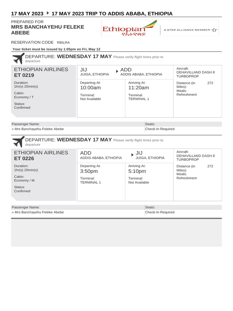 Travel Reservation May 17 For Mrs Banchayehu Feleke Abebe | PDF
