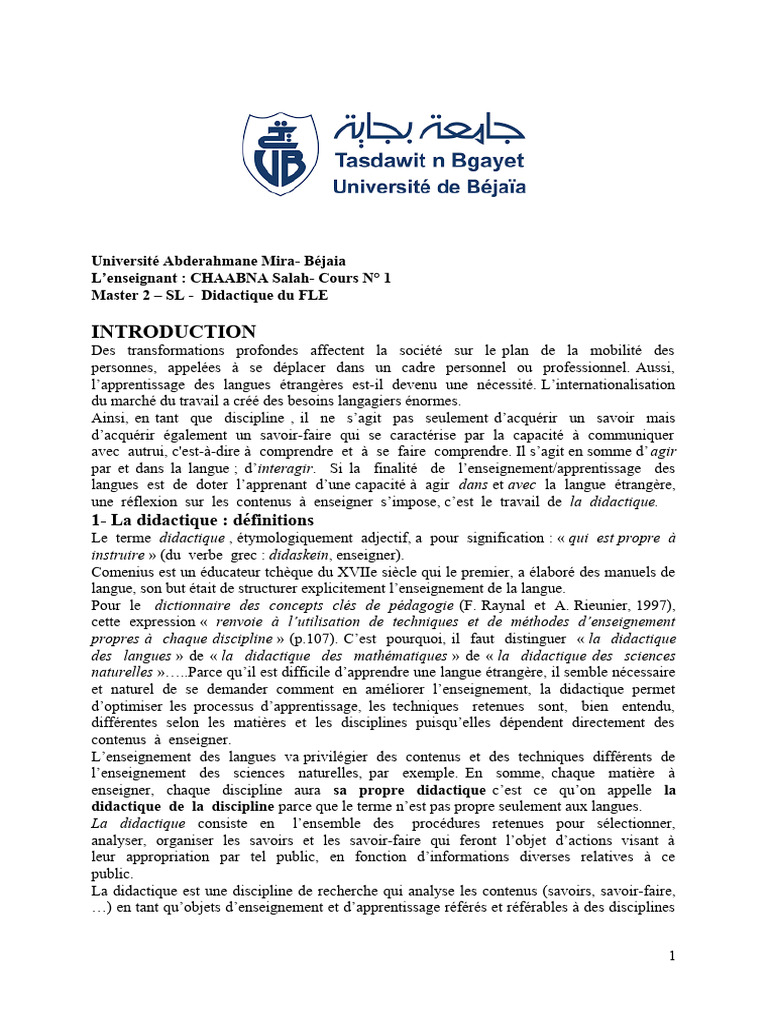 Didactique Du Fle M2 Cours I Pdf Pédagogie Enseignement