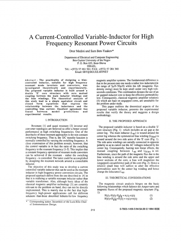 A Current-Controlled Variable-Inductor For High Frequency Resonant Power Circuits | PDF ...