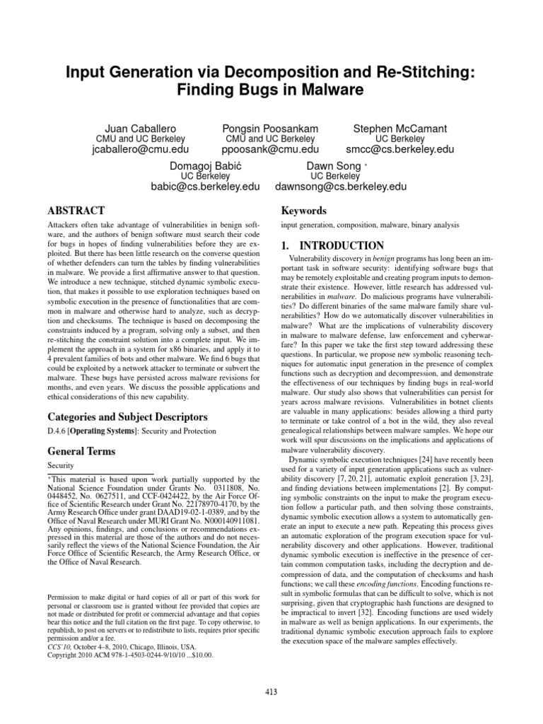 2010 - Input Generation Via Decomposition and Re-Stitching Finding Bugs in Malware | PDF ...