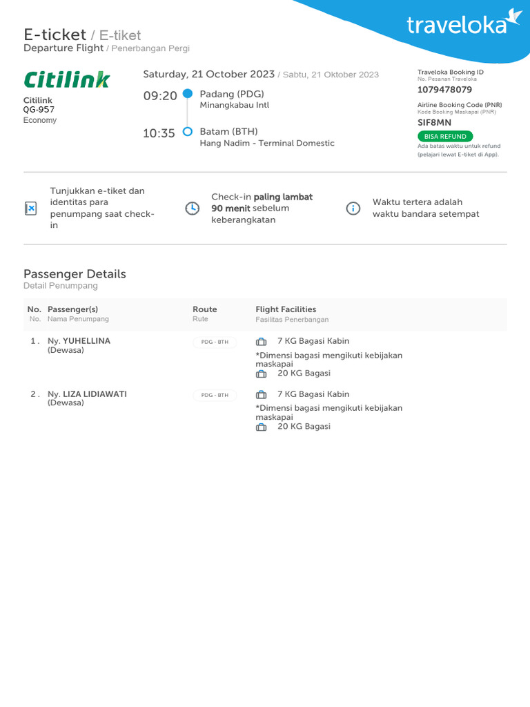 Yuhellina PDG Sif8mn BTH Flight Originating | PDF