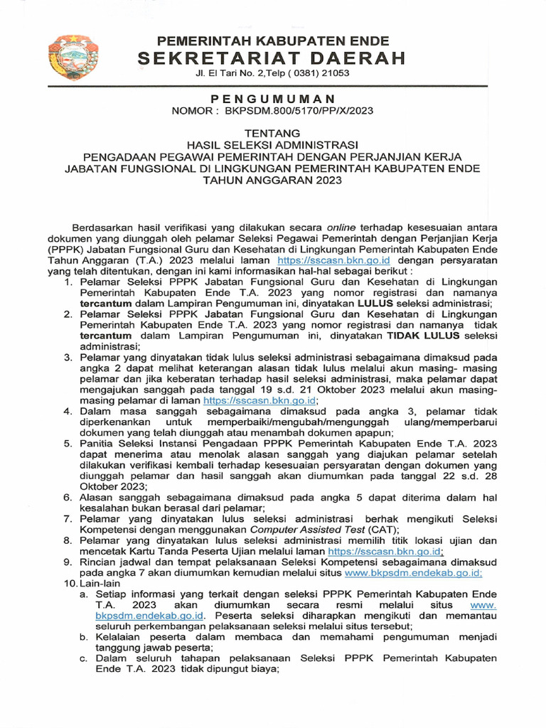 Pengumuman Hasil Seleksi Adm PPPK-Ende 2023 | PDF Pengumuman Hasil Seleksi Adm PPPK-Ende 2023 | PDF