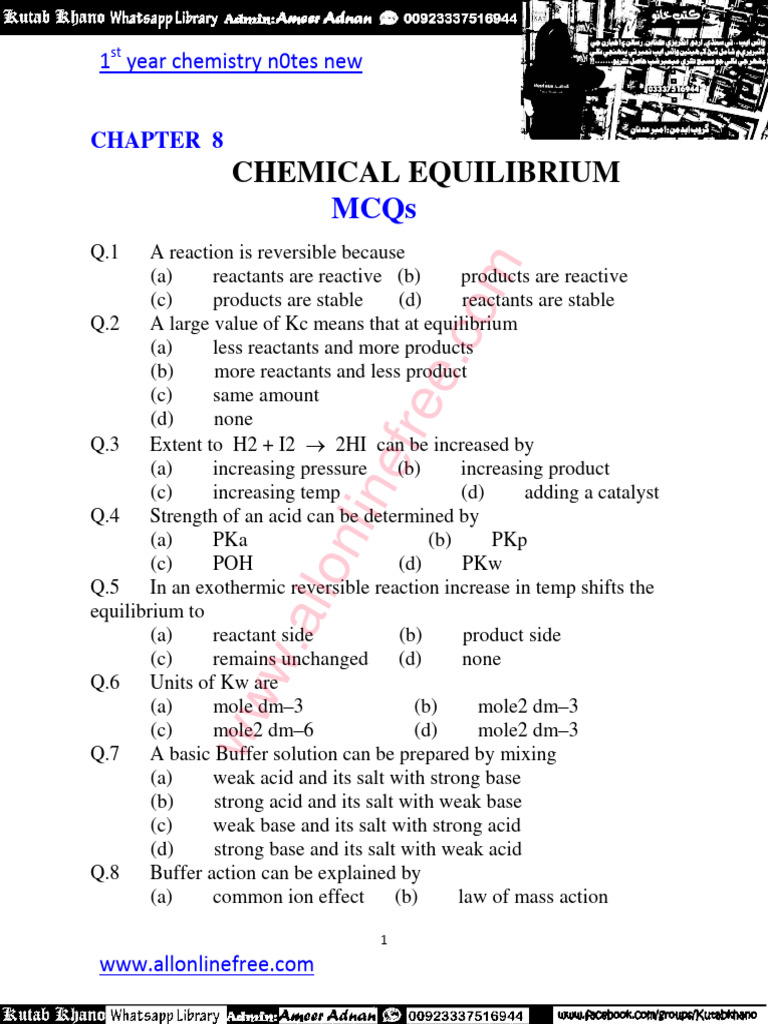 CHEMICAL EQUILIBRIUM MCQs | PDF | Acid | Ph