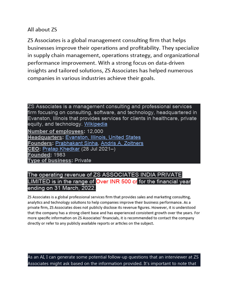 Overview of ZS Associates Consulting Firm | PDF | Consultant | Business