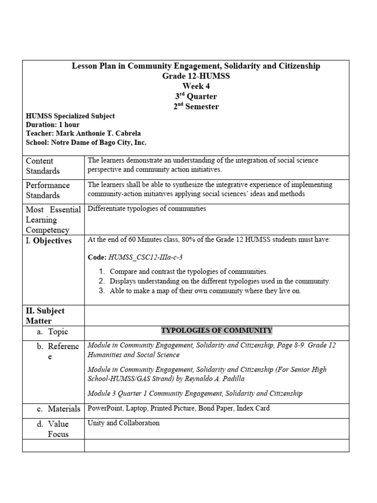 CESC. Lesson Plan. Week 4 | PDF | Community | Learning