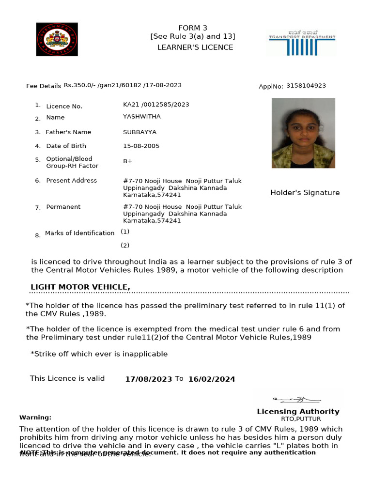 Karnataka Learner's Licence Details | PDF | License | Vehicles