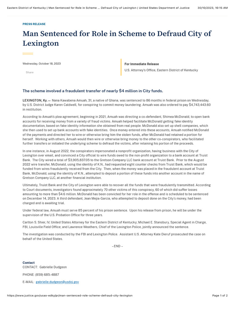 Eastern District of Kentucky - Man Sentenced For Role in Scheme To ...