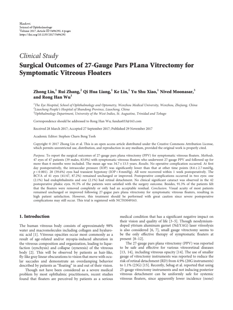 Surgical Outcomes of 27-Gauge Pars PLana Vitrectomy For Symptomatic ...