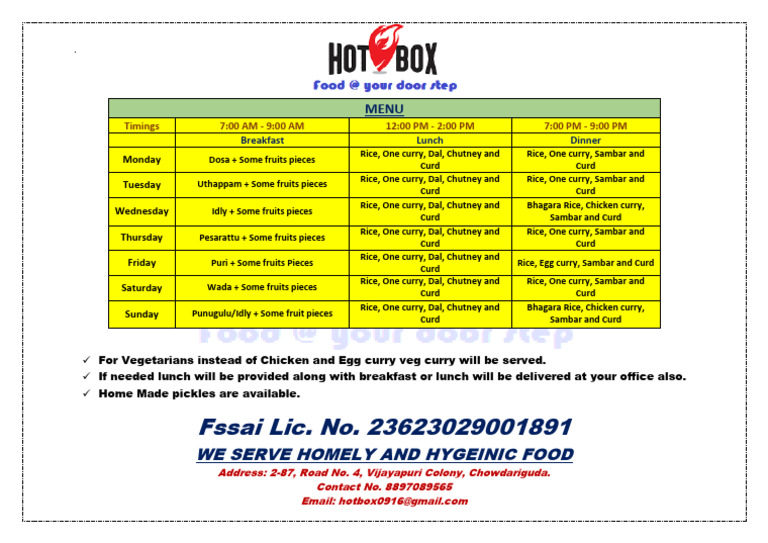 Homely Meals Menu & Timings | PDF