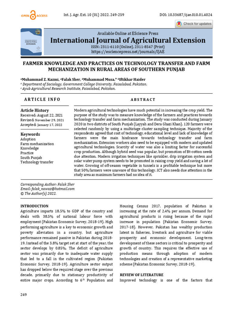Farmer Knowledge and Practices On Technology Transfer and Farm ...