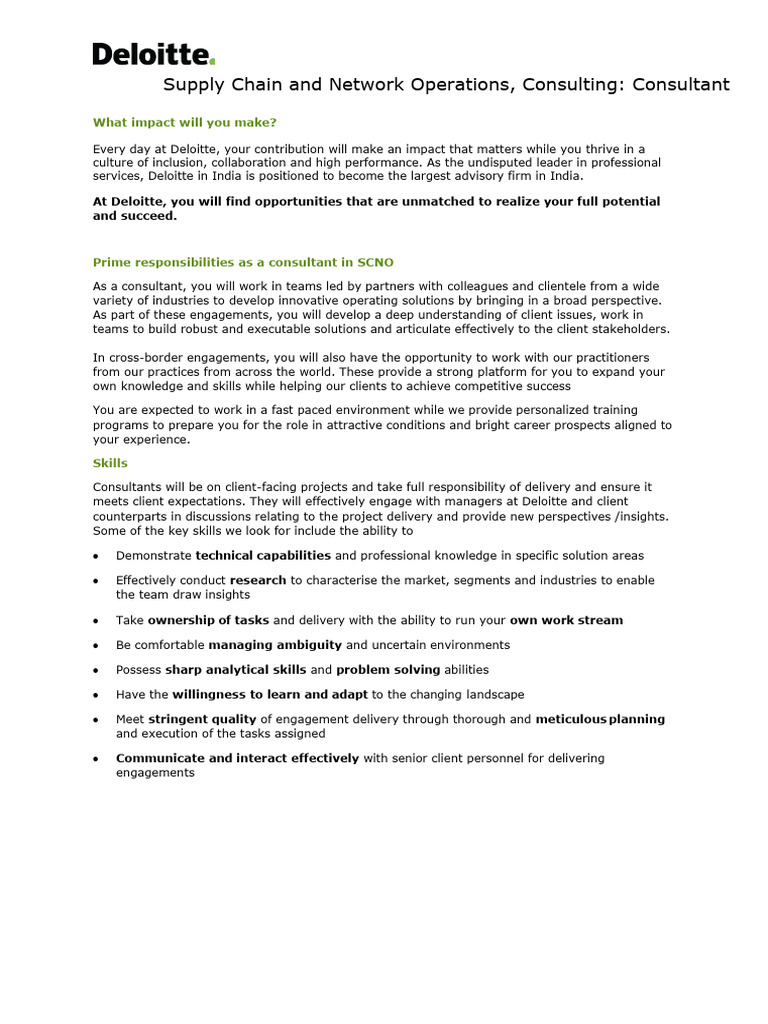 Deloitte SCNO Consultant Role Overview | PDF | Supply Chain | Consultant