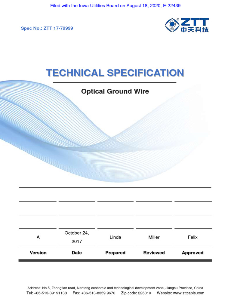 OPGW Cable Specifications by ZTT | PDF | Optical Fiber | Specification ...
