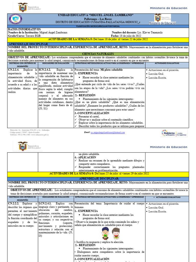 Planificación Micro Ciencias Iiq.. 3ro Egb. | PDF | Aprendizaje | Evaluación