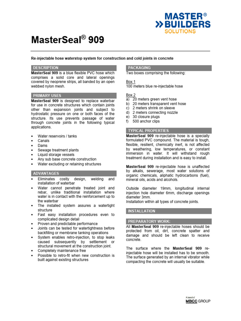 Masterseal 909 Tds | PDF | Concrete | Water