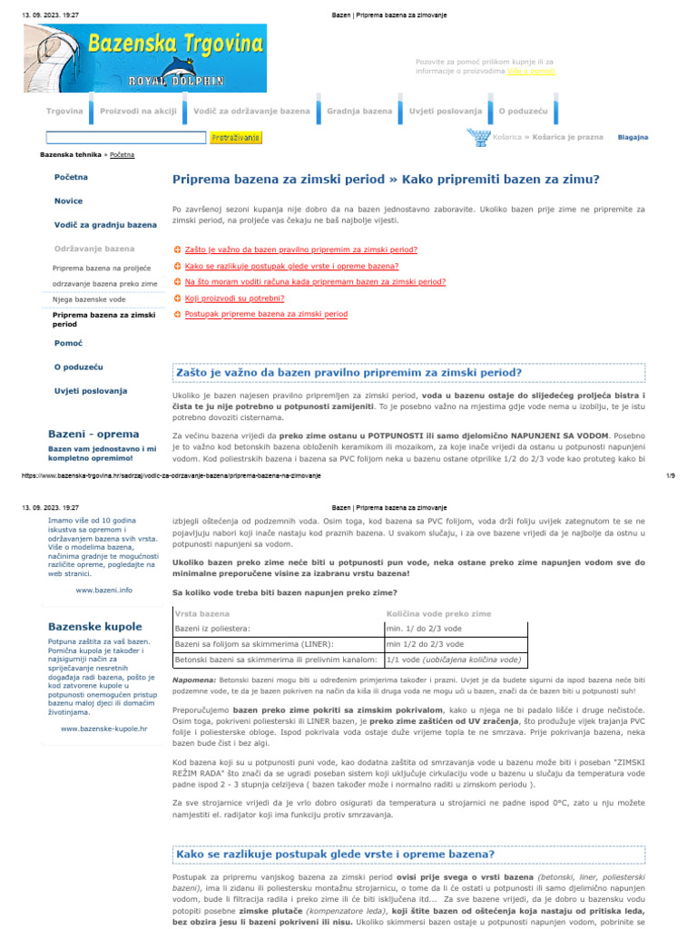 Bazen - Priprema Bazena Za Zimovanje | PDF
