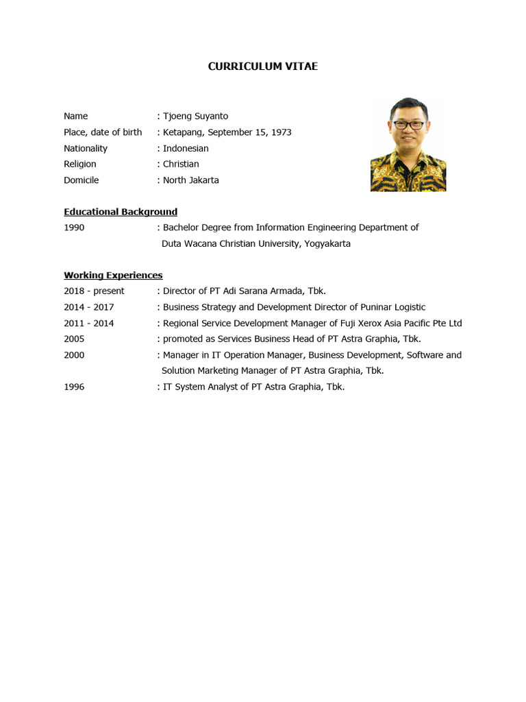 Profil Calon Anggota Direksi - CV Bapak Tjoeng Suyanto | PDF | Career ...