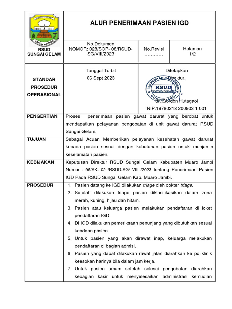 Sop Alur Penerimaan Pasien Igd (Alur Pedaftaran) | PDF