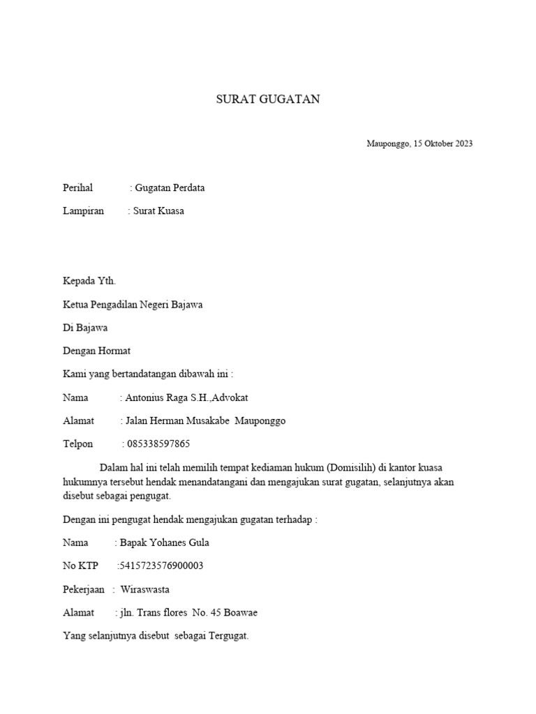 Surat Gugatan Perdata Echa | PDF