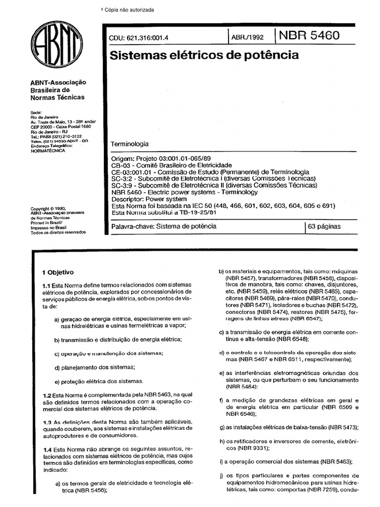 ABNT NBR 5460-1992 - Sistemas Elétricos de Potência | PDF | Caldeira ...