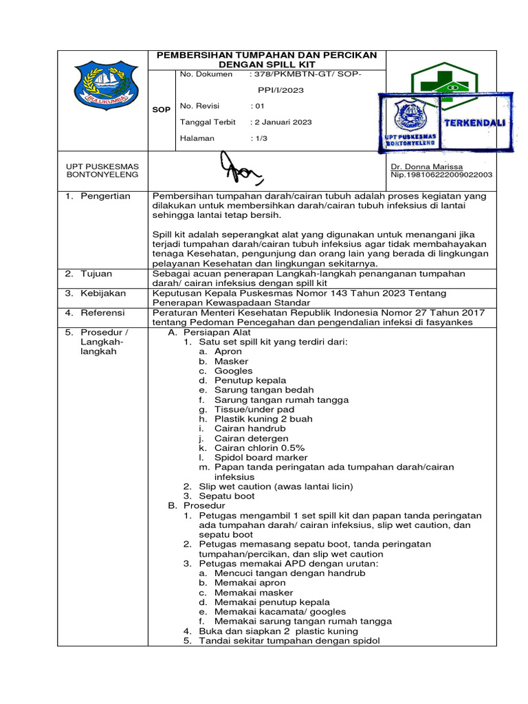 Sop Tumpahan Dan Percikan Dengan Spill Kit | PDF