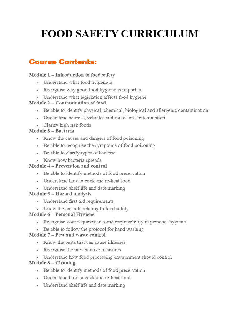 Food Safety Curriculum | PDF | Self-Improvement
