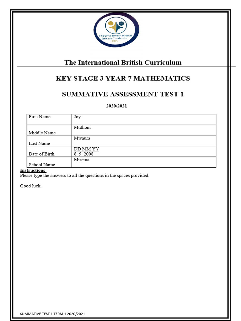 Year 7 Maths Assessment | PDF